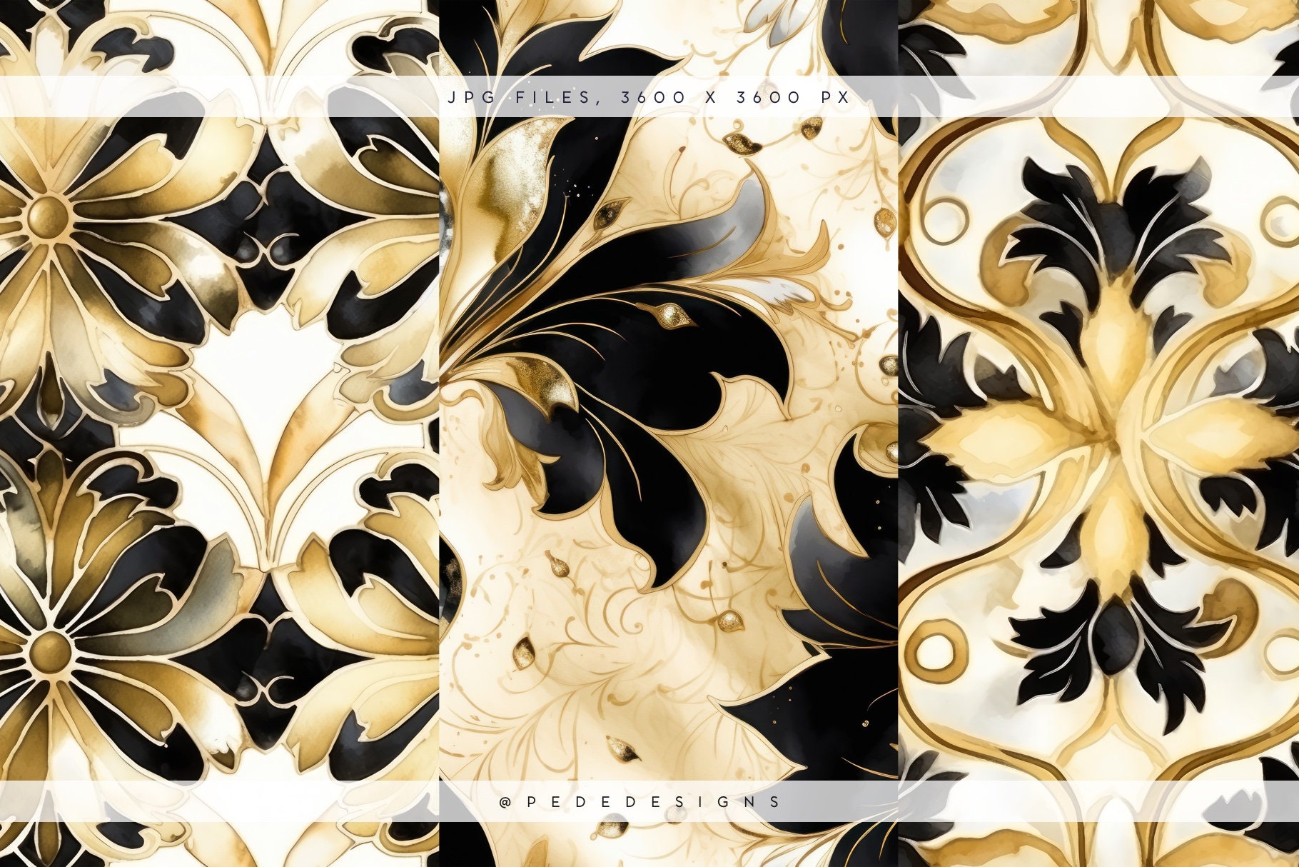 Black & Gold Royal Digital Paper Pack, Watercolor Seamless Papers, Gold ...