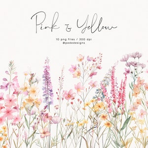 Pink & Yellow, Watercolor Meadow Clipart, Watercolor Wild Floral ...