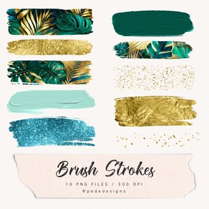 Brush Strokes Clipart, Tropical, Green, Gold Foil, Blue Glitter ...