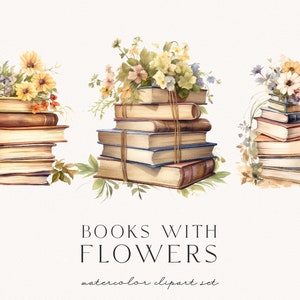 Books With Flowers, Watercolor Books Clipart, Floral Clipart, Reading ...