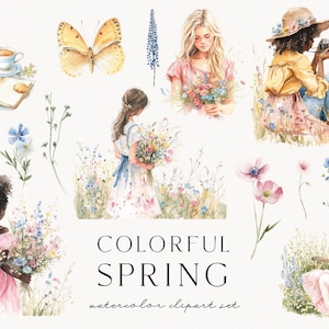 Colorful Spring Collection, Spring Time, Watercolor Girl Clipart ...