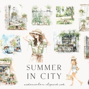 Summer in City, Watercolor Summer Clipart, Travel Graphics, Girl Png ...