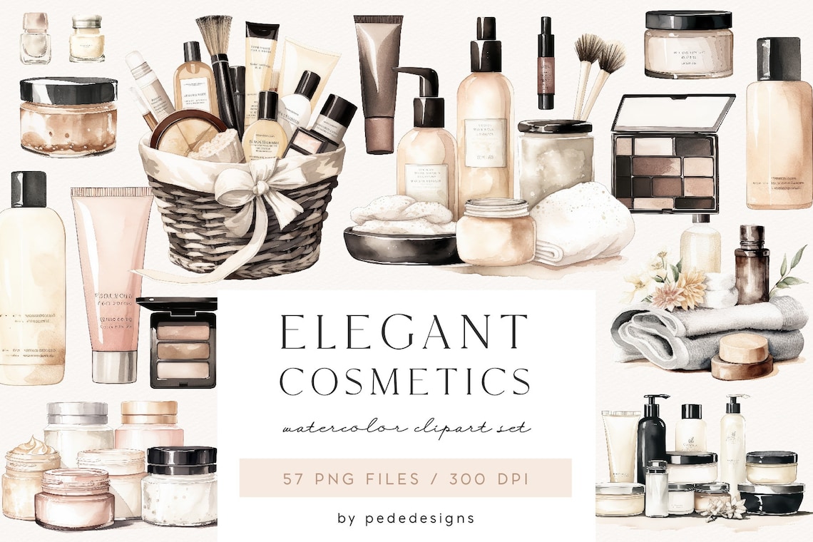 Elegant Cosmetics Clipart, Watercolor Self Care Clipart, Spa Day ...