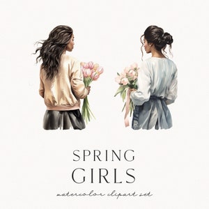 Spring Girls Clipart, Watercolor Girl Graphics, Watercolor Romantic ...
