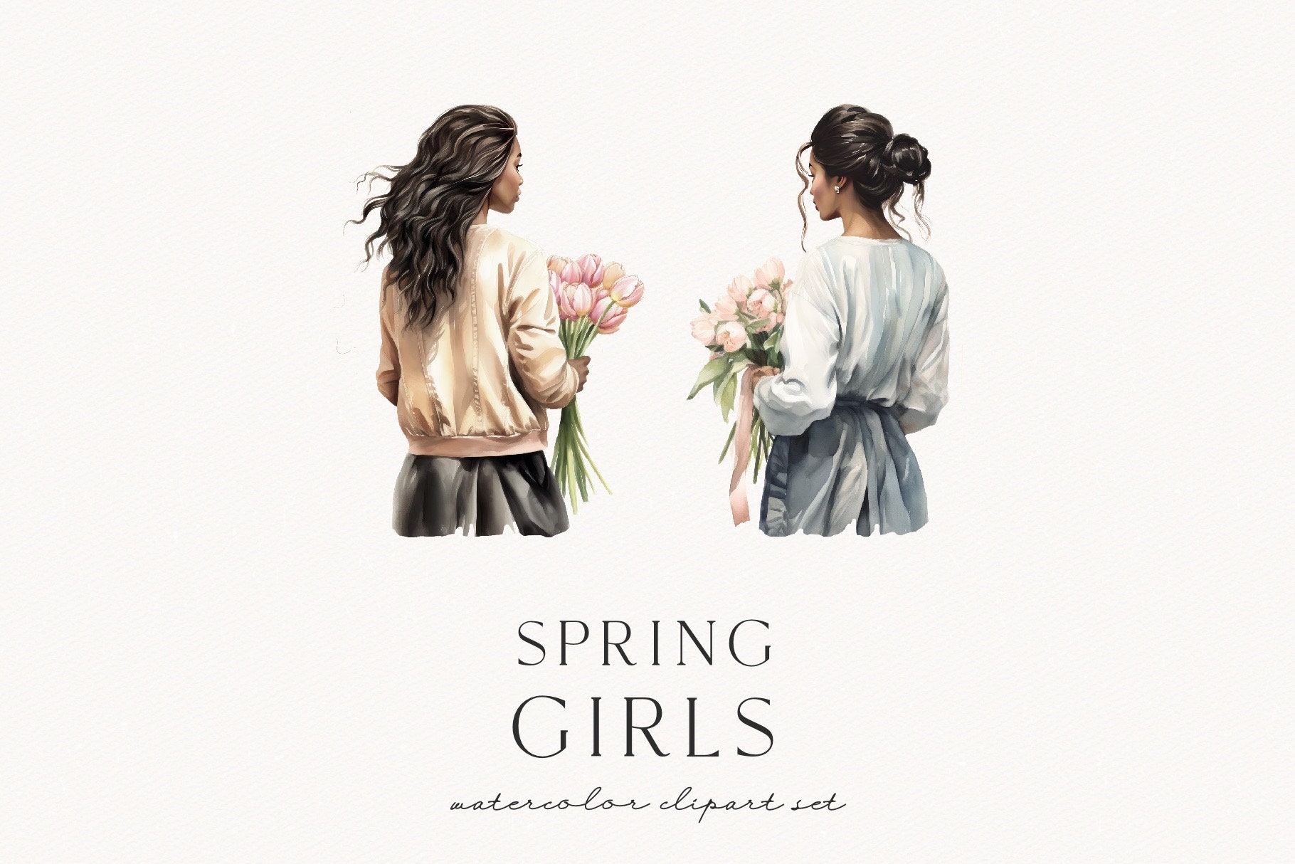 Spring Girls Clipart, Watercolor Girl Graphics, Watercolor Romantic ...