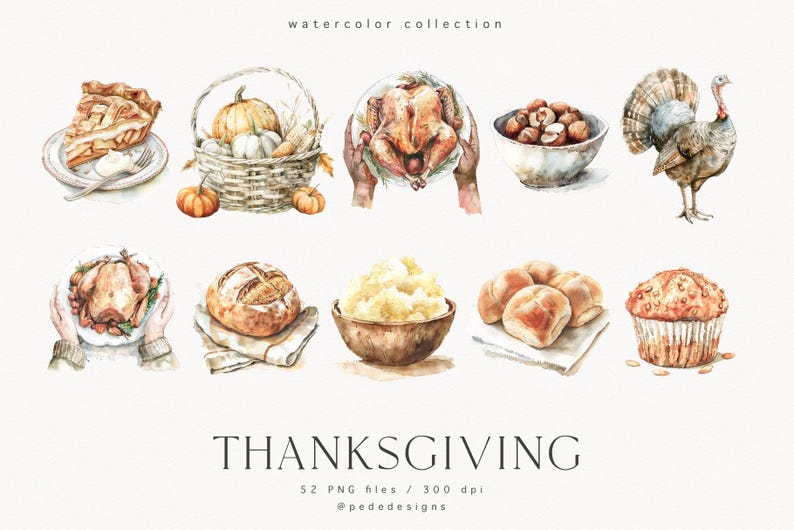 Thanksgiving Clip Art Set, Watercolor Fall Clipart, Food Graphics ...