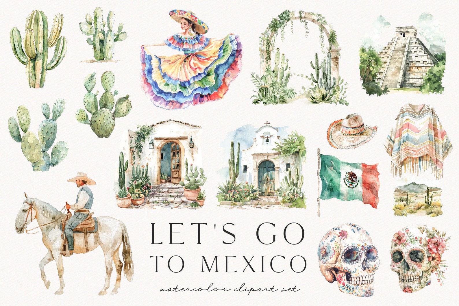 Let's Go to Mexico, Watercolor Summer Clipart, Travel, Mexican ...