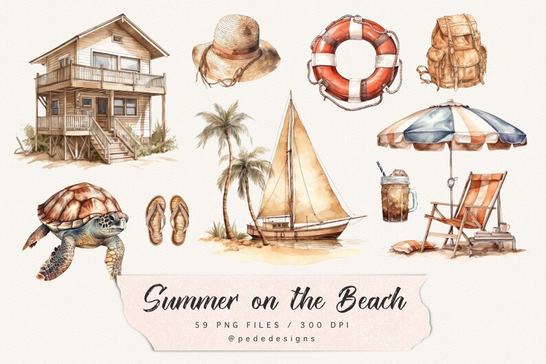 Watercolor Beach Clipart: Summer Palm Trees, Drinks (digital Download ...