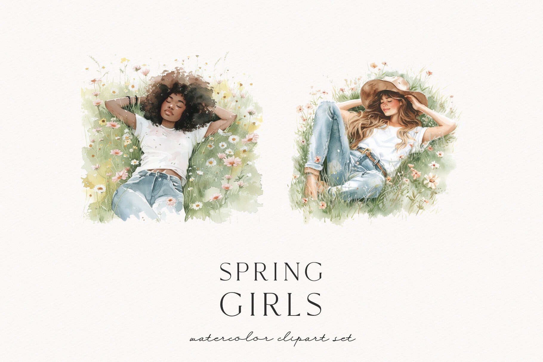 Spring Girls Clipart, Watercolor Girl Graphics, Watercolor Spring, Girl ...