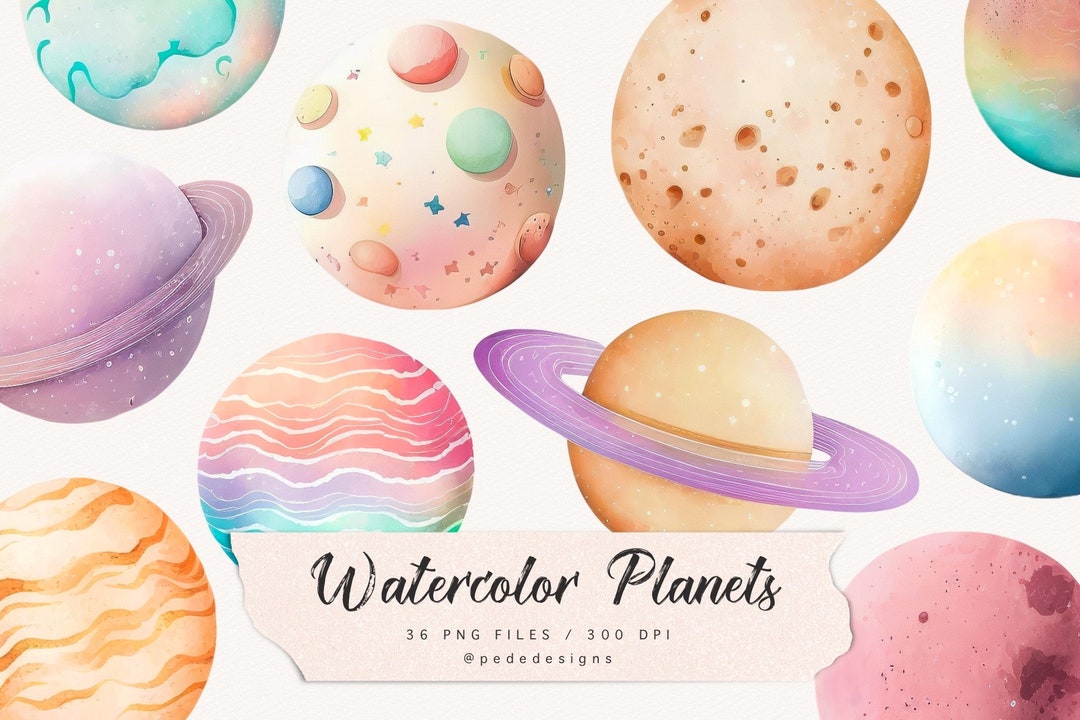 Watercolor Planet Clip Art, Planets Clipart, Solar System, Earth, Moon ...