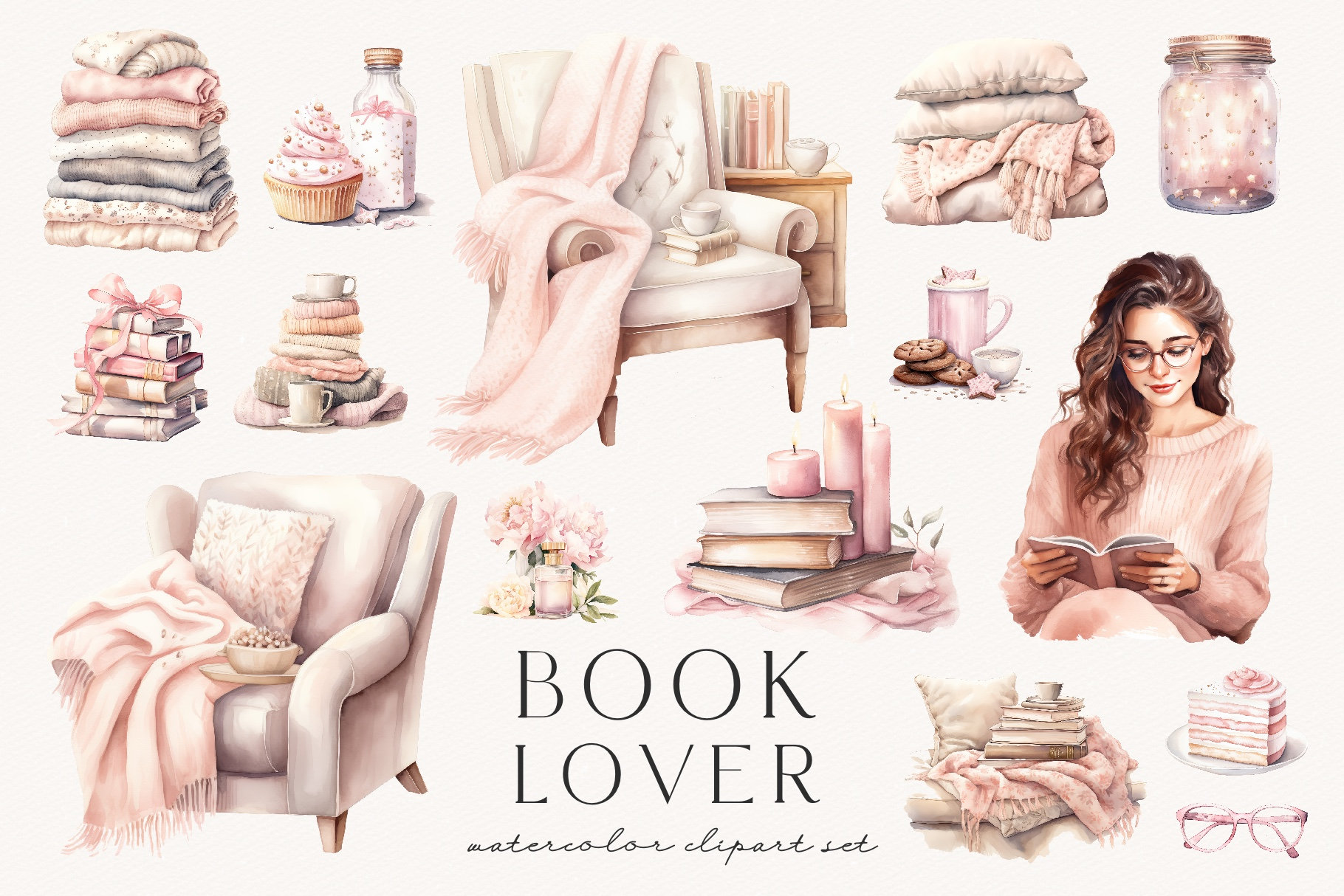 Book Lover Clipart, Watercolor Cozy Clipart, Pretty Girl Clipart ...