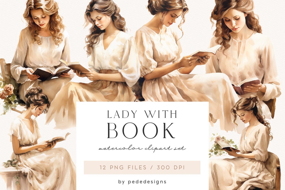 Lady With Book, Watercolor Girl Clipart, Watercolor Vintage, Vintage ...