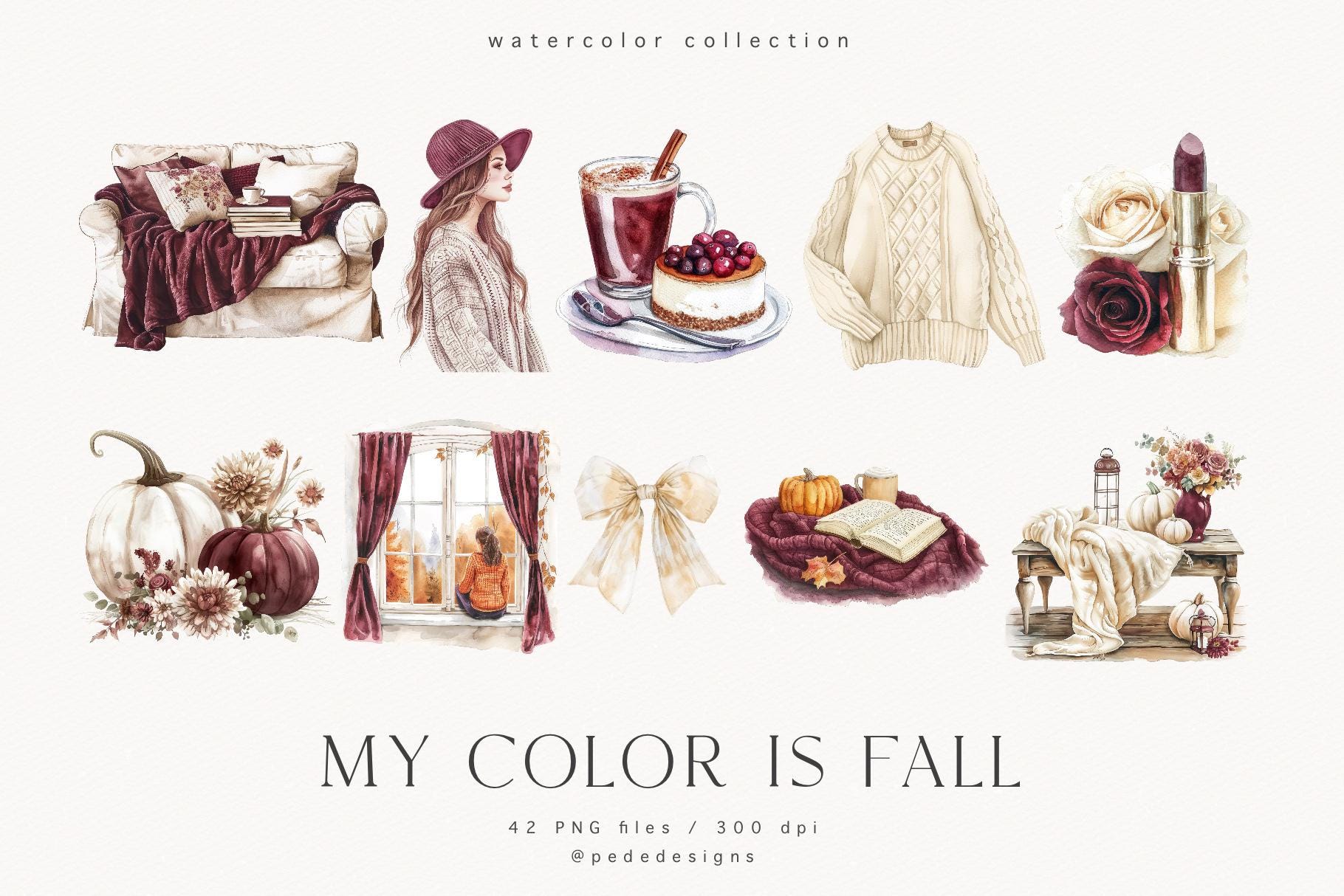 My Color is Fall Clip Art Set, Watercolor Autumn Clipart, Burgundy ...