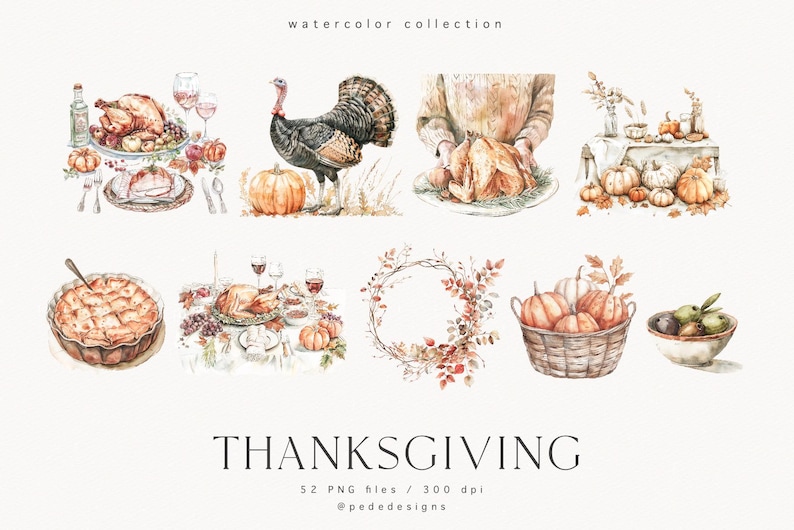 Thanksgiving Clip Art Set, Watercolor Fall Clipart, Food Graphics ...