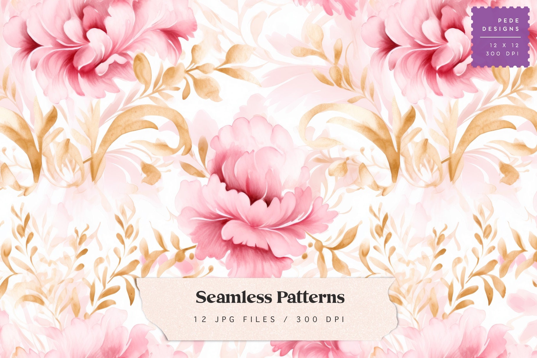 Pink & Gold Royal Digital Paper Pack, Watercolor Seamless Papers ...