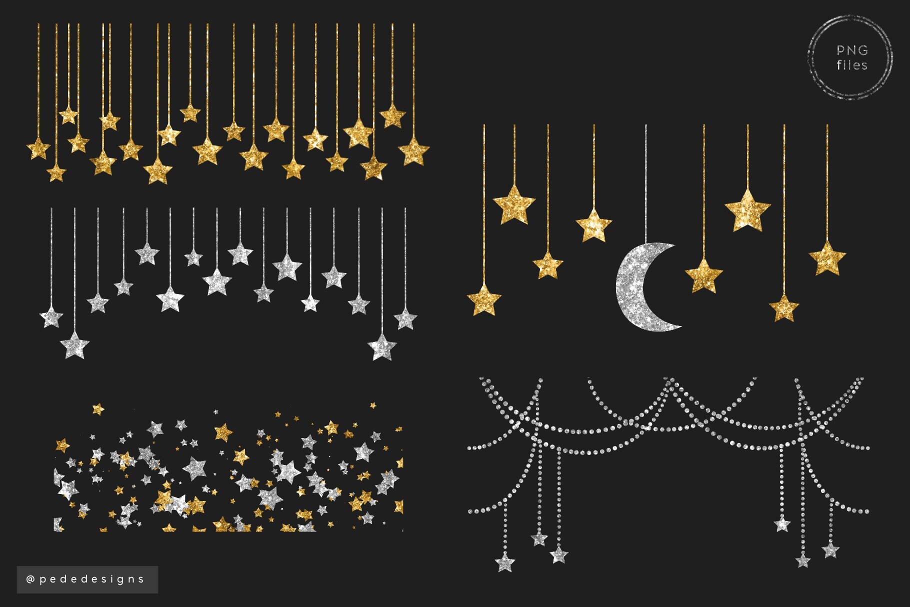 Gold & Silver Borders Stars Png Glitter Clip Art Moon and - Etsy