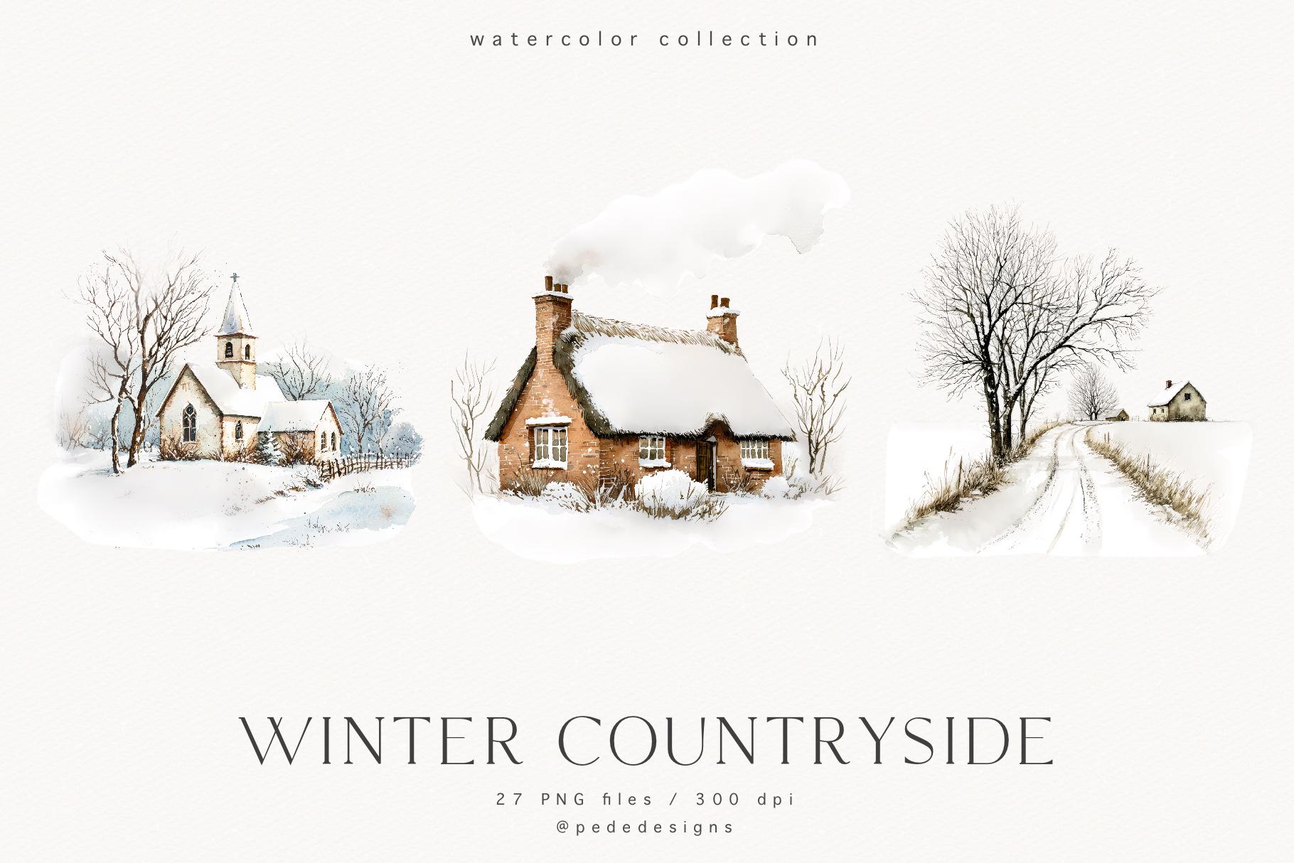 Winter Countryside Landscapes, Watercolor Winter Clipart, Cottages ...