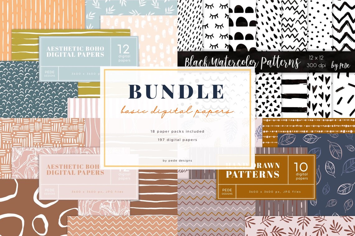 Basic Digital Papers Bundle, Seamless Patterns, Boho Digital Paper Pack ...