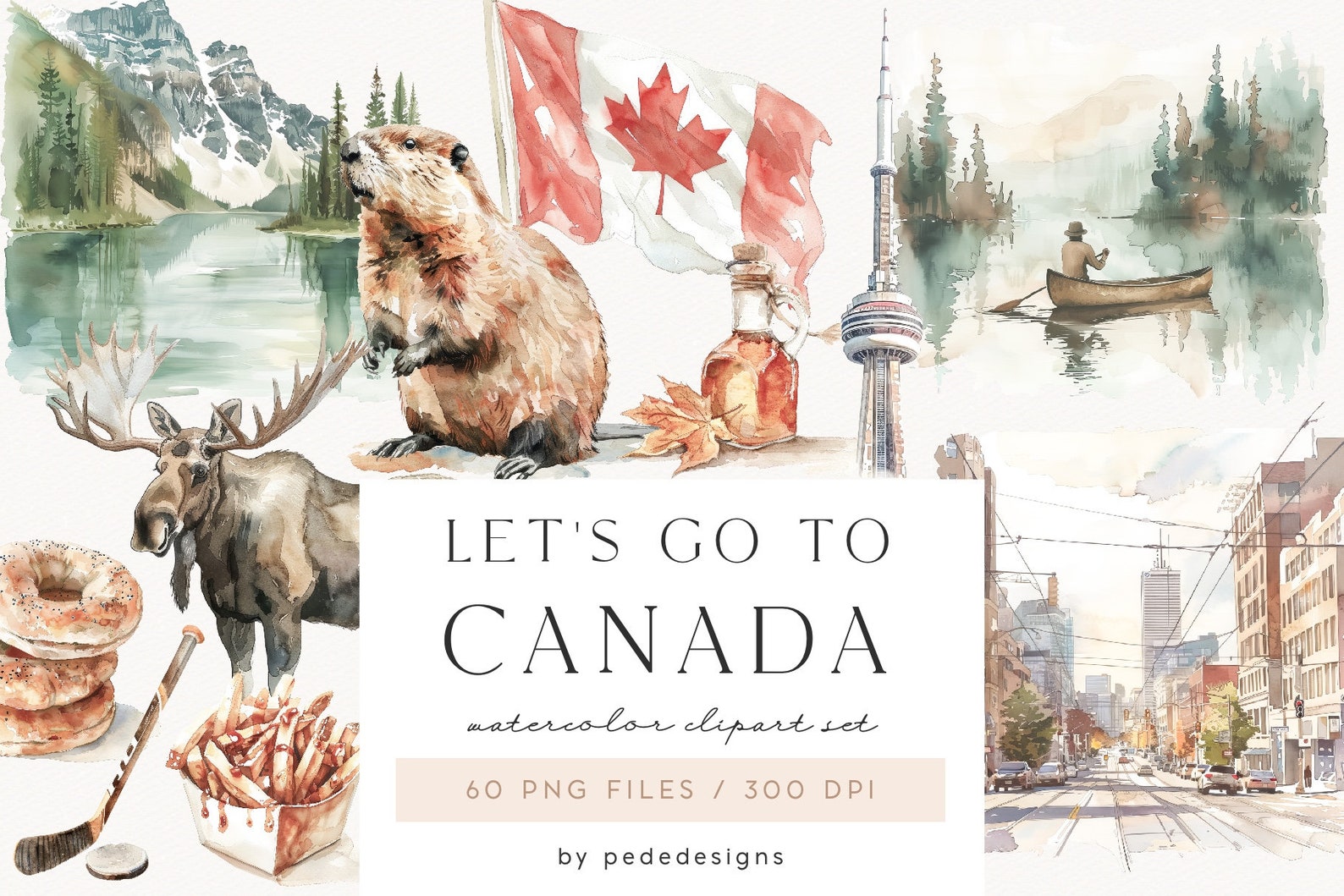 Let's Go to Canada, Watercolor Summer Clipart, Travel, Wild Life ...