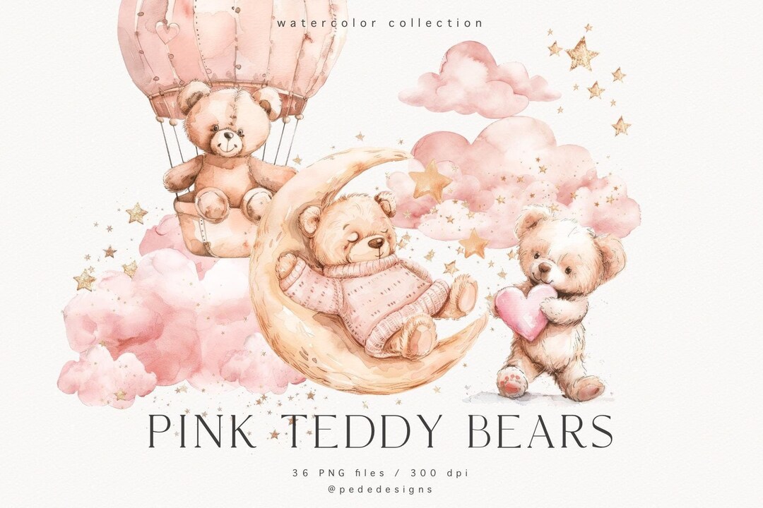 Pink Teddy Bears Clip Art Set, Watercolor Clipart, Plush Animals ...