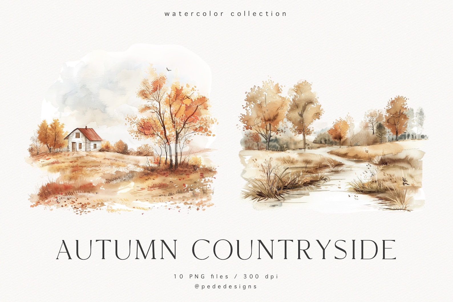 Autumn Countryside Clip Art Set, Watercolor Landscape, Watercolor Fall ...