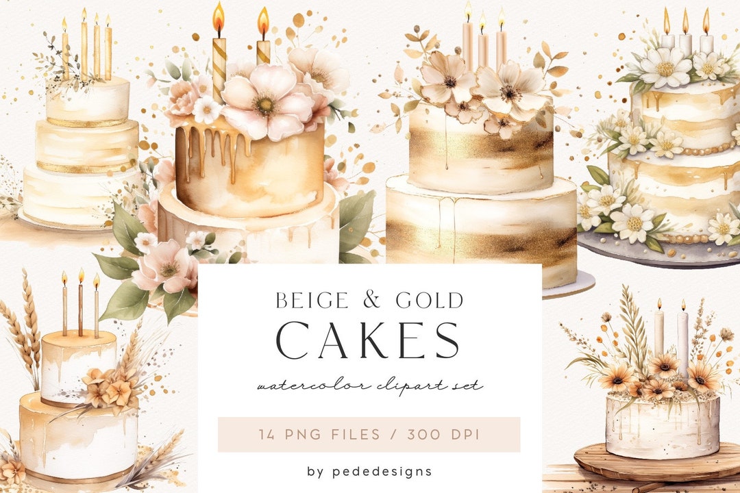 Beige & Gold Cakes Clipart, Wedding Clipart, Birthday Cake Illustration ...