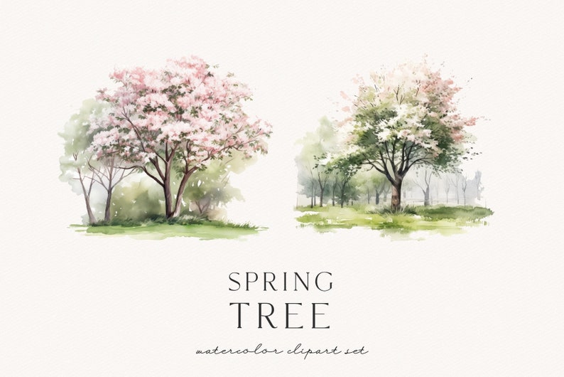 Spring Tree Clipart, Watercolor Spring Scene, Tree Landscape, Floral ...