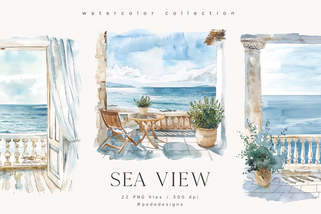 Watercolor Sea View Clipart, Mediterranean Travel Graphics, Summer ...