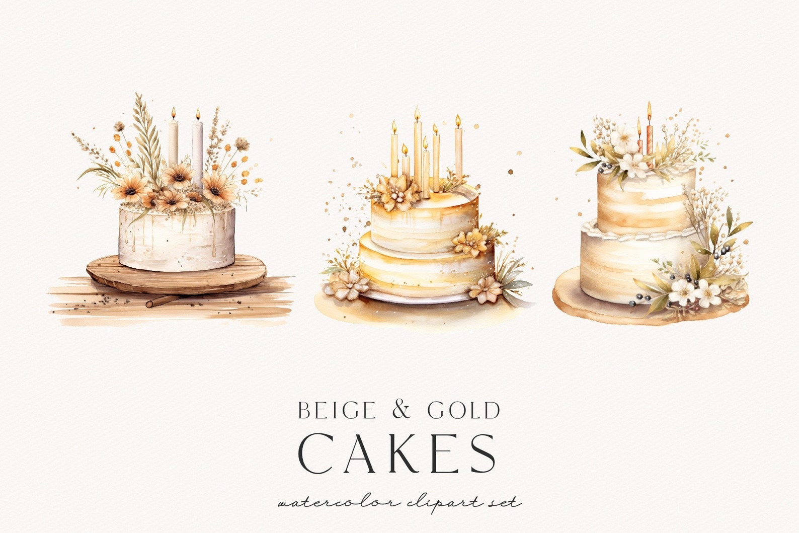 Beige & Gold Cakes Clipart, Wedding Clipart, Birthday Cake Illustration ...