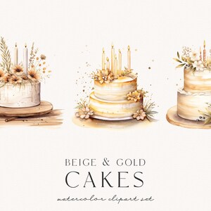 Beige & Gold Cakes Clipart, Wedding Clipart, Birthday Cake Illustration ...