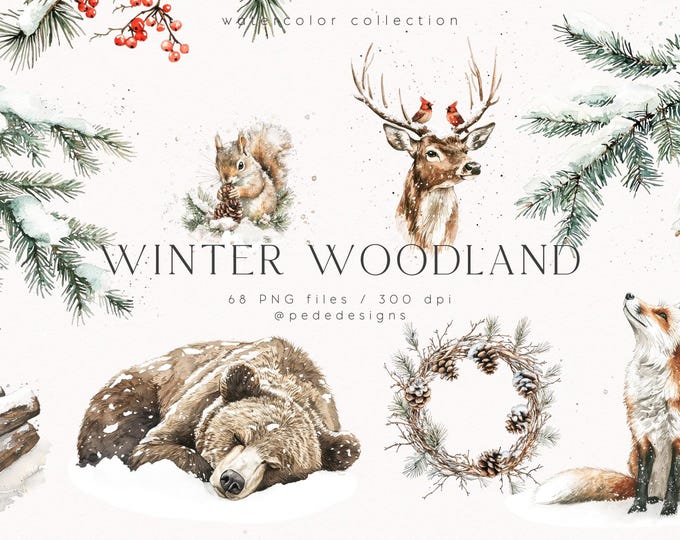 Watercolor Winter Woodland Clipart: Rustic Animals & Pine Trees ...