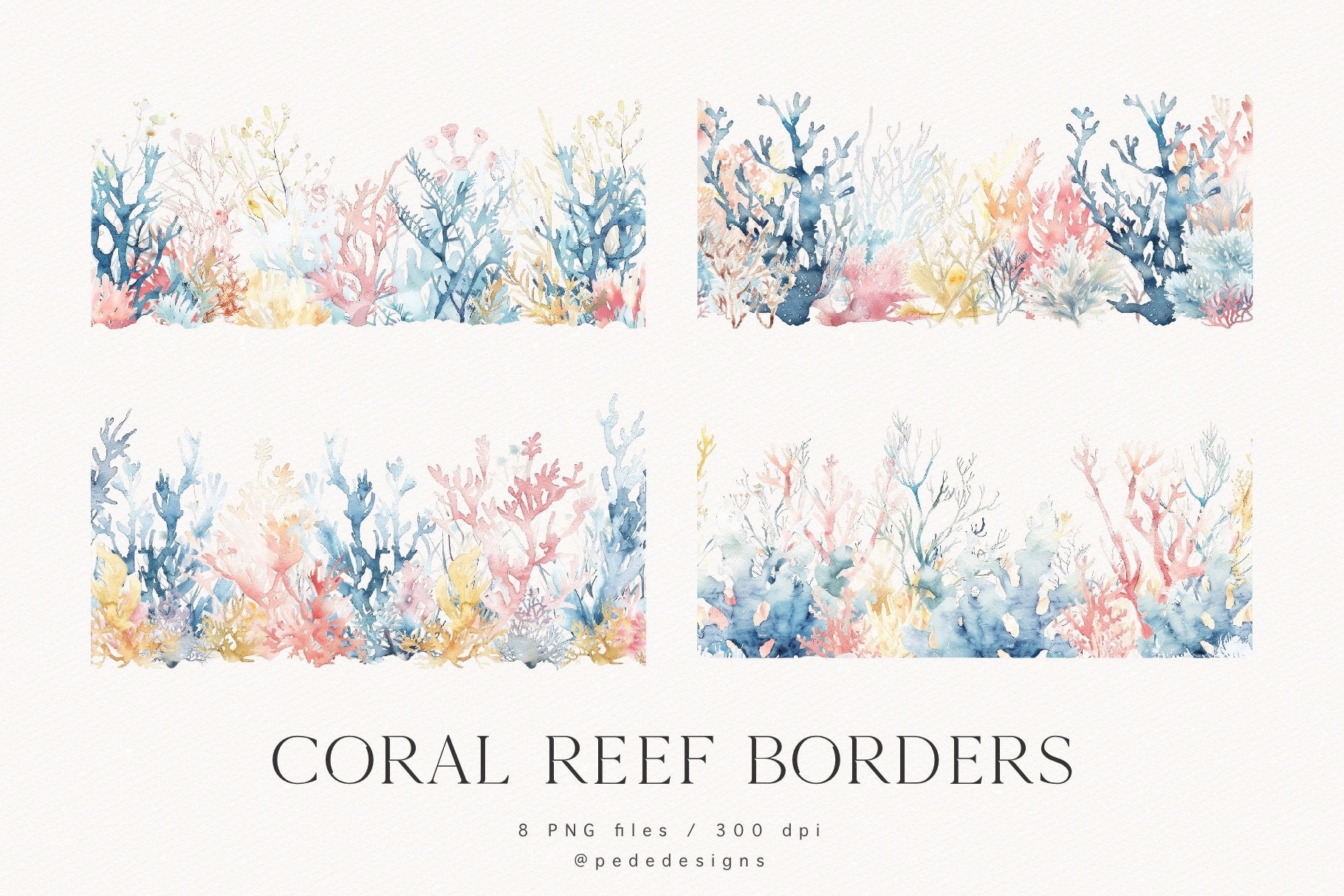 Coral Reef Borders, Watercolor Sea Clipart, Ocean Graphics, Underwater ...