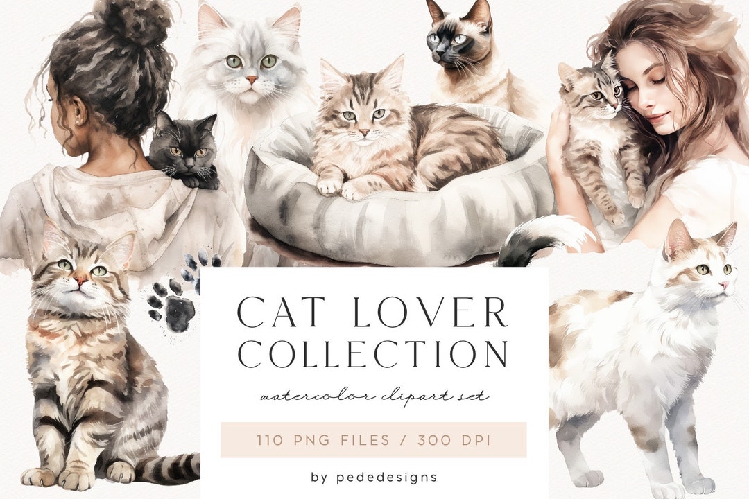 Cat Lover Clipart, Watercolor Pet Clipart, Pretty Girl Clipart, Cat ...