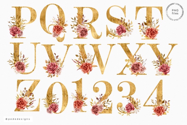 Decorative Alphabet Clipart Letters With Leaves Gold Foil - Etsy