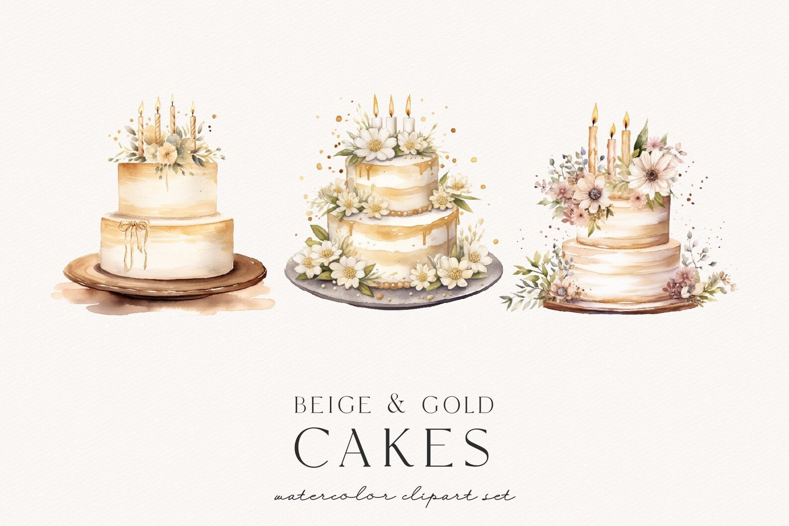 Beige & Gold Cakes Clipart, Wedding Clipart, Birthday Cake Illustration ...