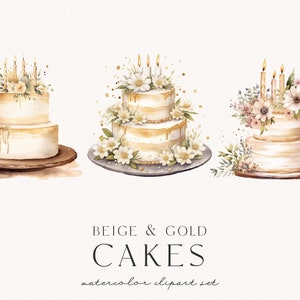 Beige & Gold Cakes Clipart, Wedding Clipart, Birthday Cake Illustration ...