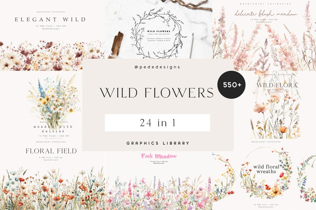Wild Flowers Bundle, Clipart Library, Watercolor Illustrations, Wild ...