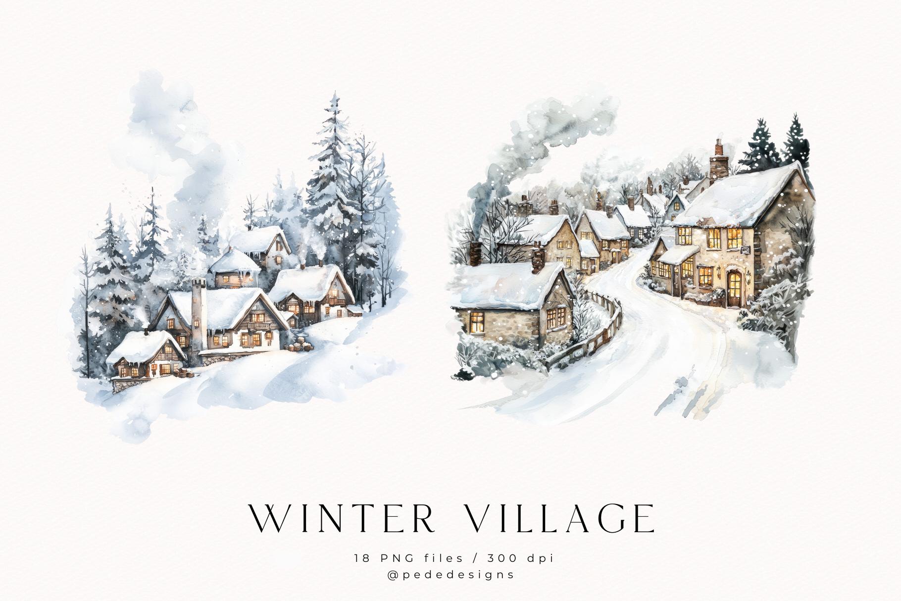 Winter Village, Watercolor Winter Scenery, Winter Market Clipart ...