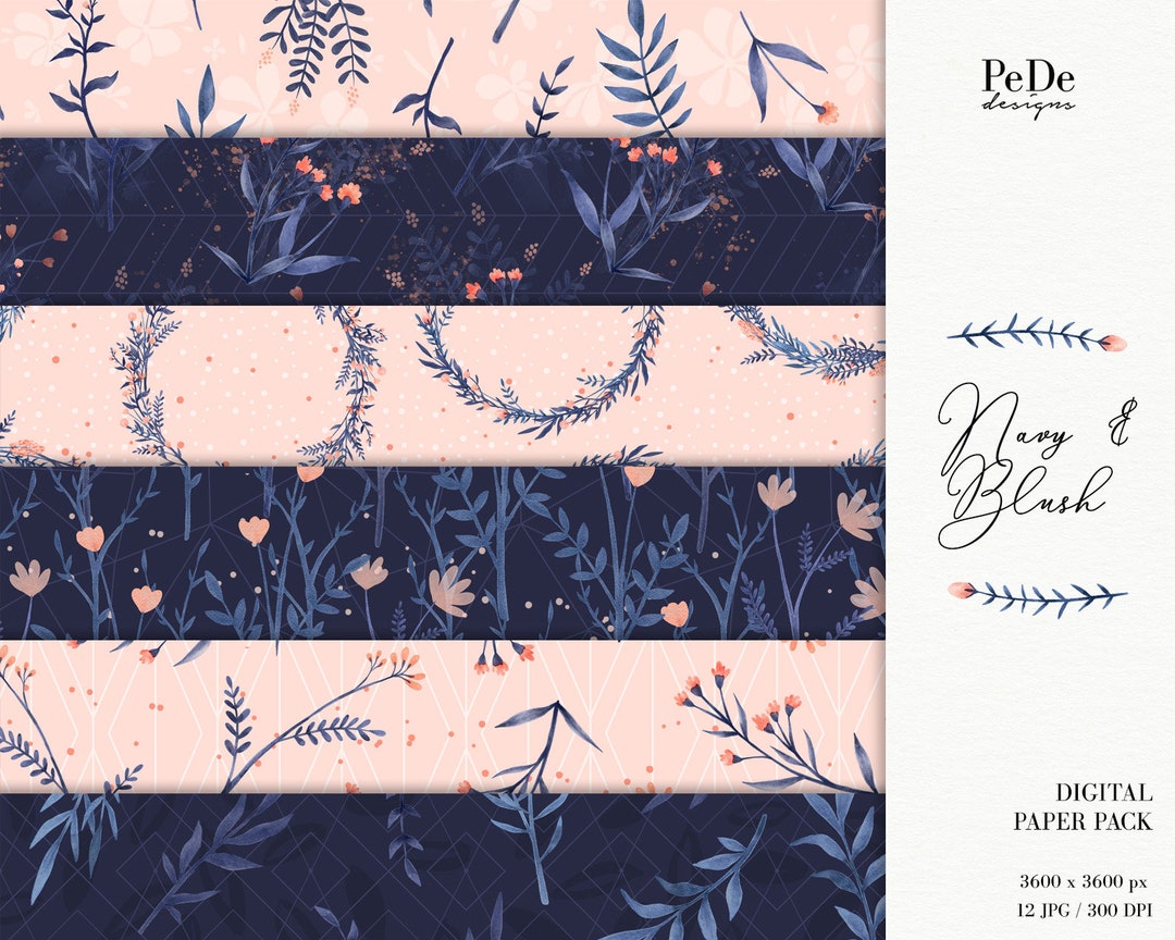 Navy & Blush, Floral Digital Paper Pack, Watercolor, Navy Blue Leaves ...