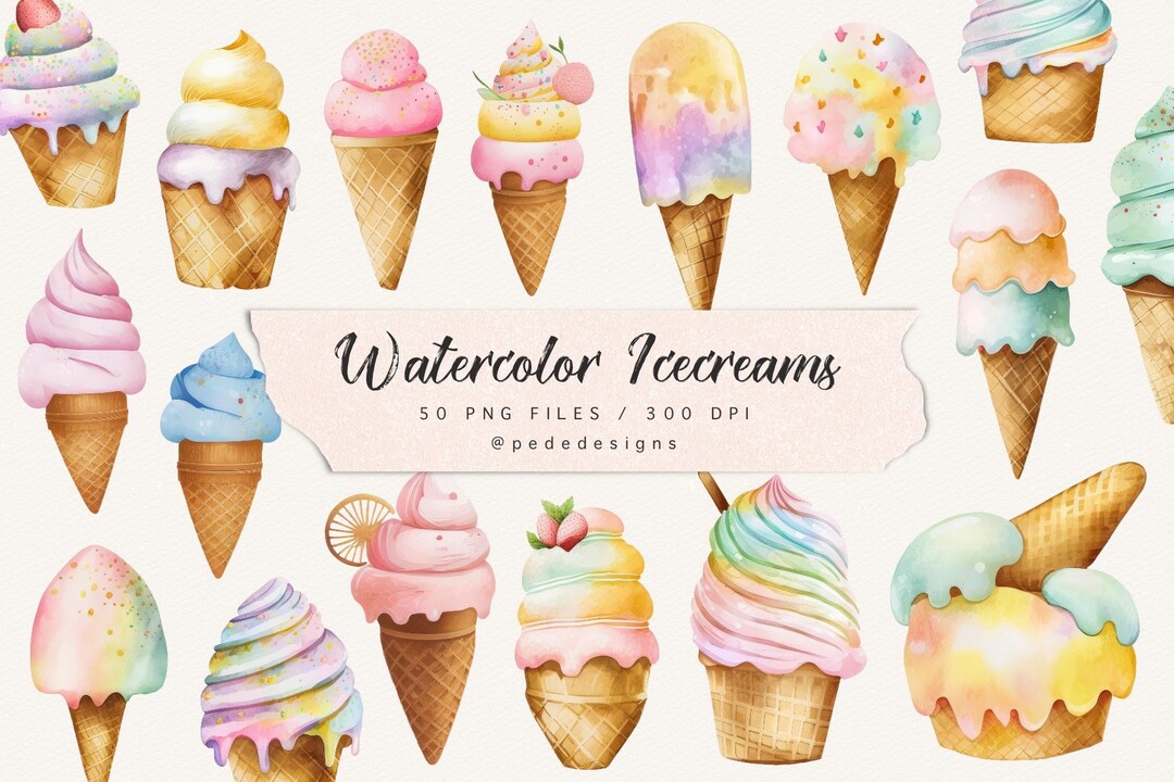 Watercolor Ice Cream Clipart: Summer Dessert Graphics (download) - Etsy