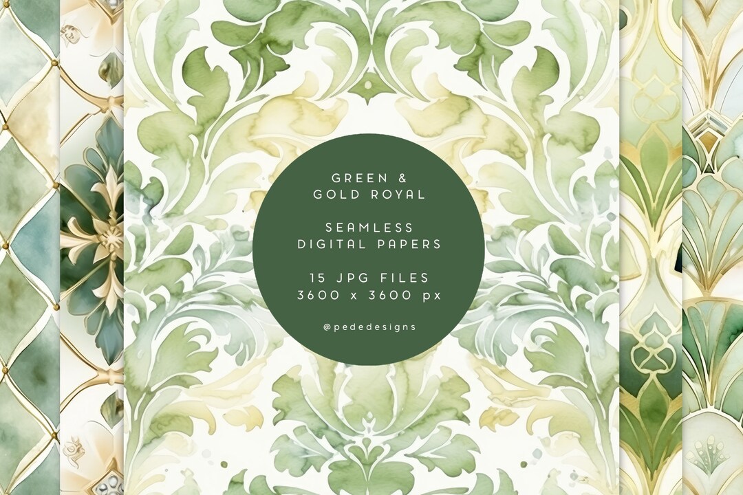 Green & Gold Royal Digital Paper Pack, Watercolor Seamless Papers ...