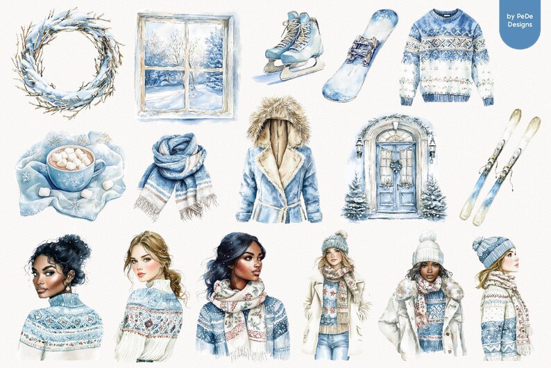 First Snow Watercolor Clipart Bundle, Winter Elements & Landscape PNG ...