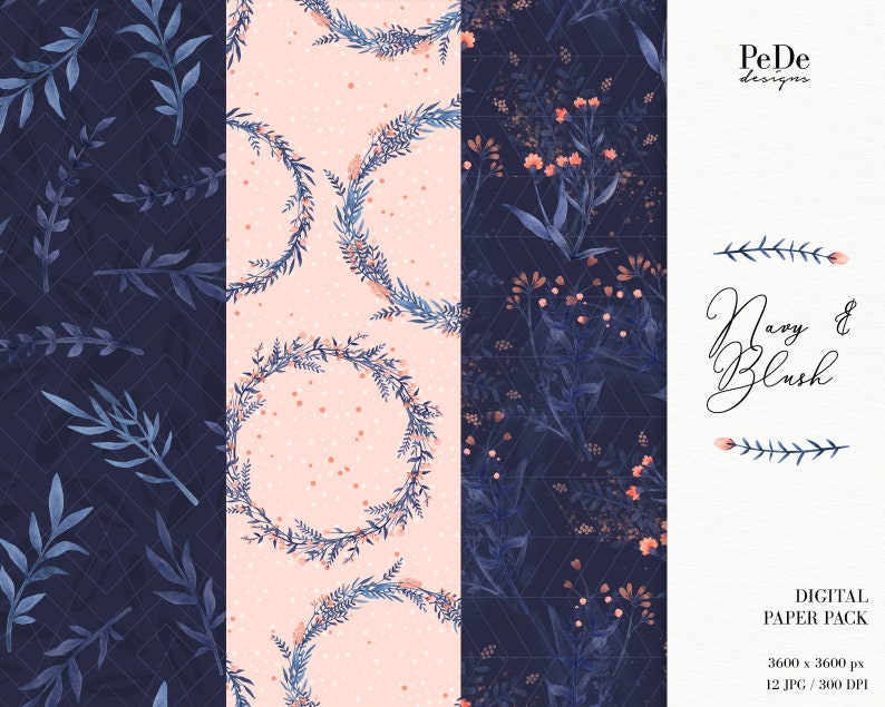 Navy & Blush Floral Digital Paper Pack Watercolor Navy Blue - Etsy