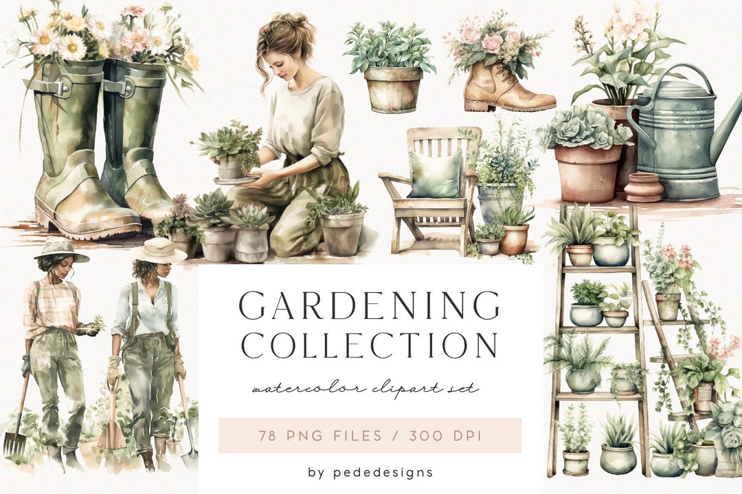 Gardening Collection, Watercolor Garden Plants, Spring Garden Graphics ...