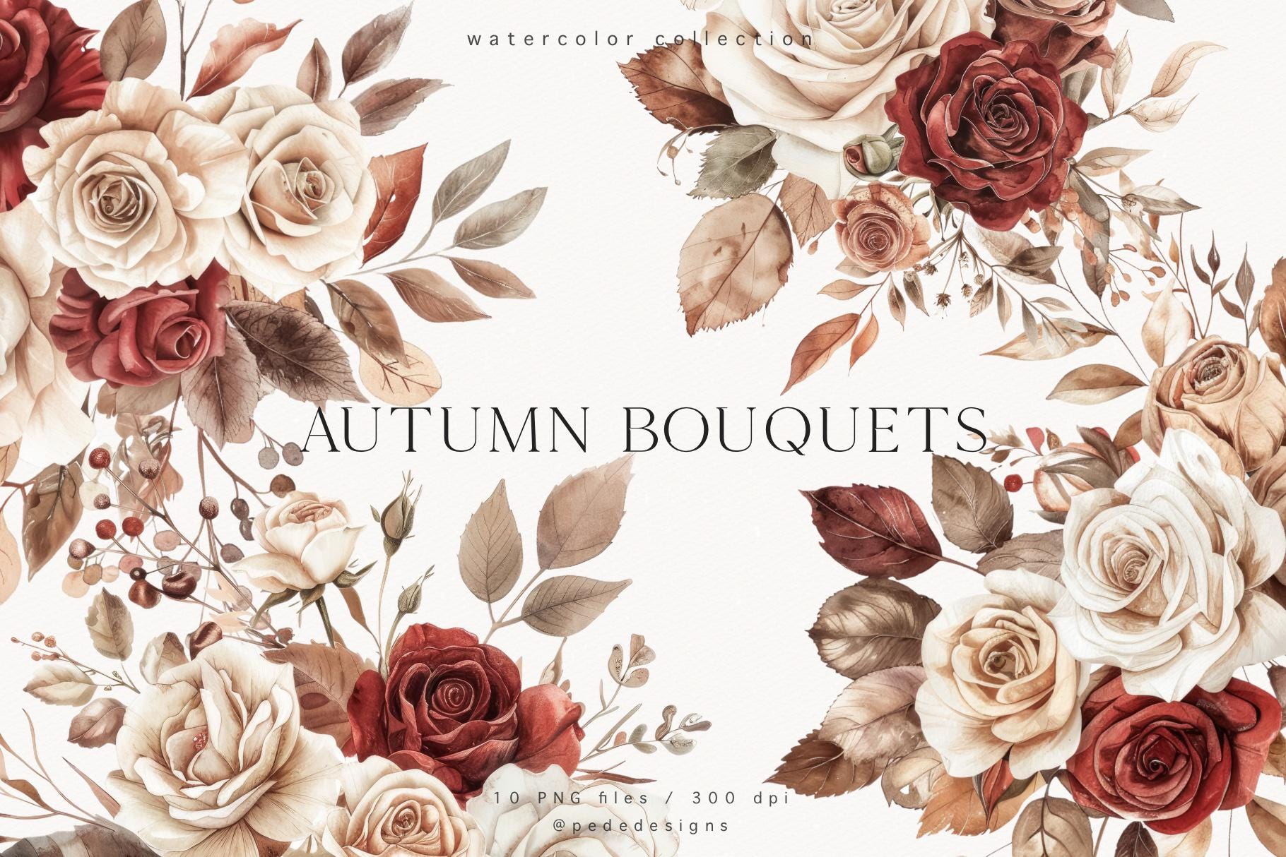 Autumn Bouquets Clip Art Set, Watercolor Flowers, Red Roses, Planner ...