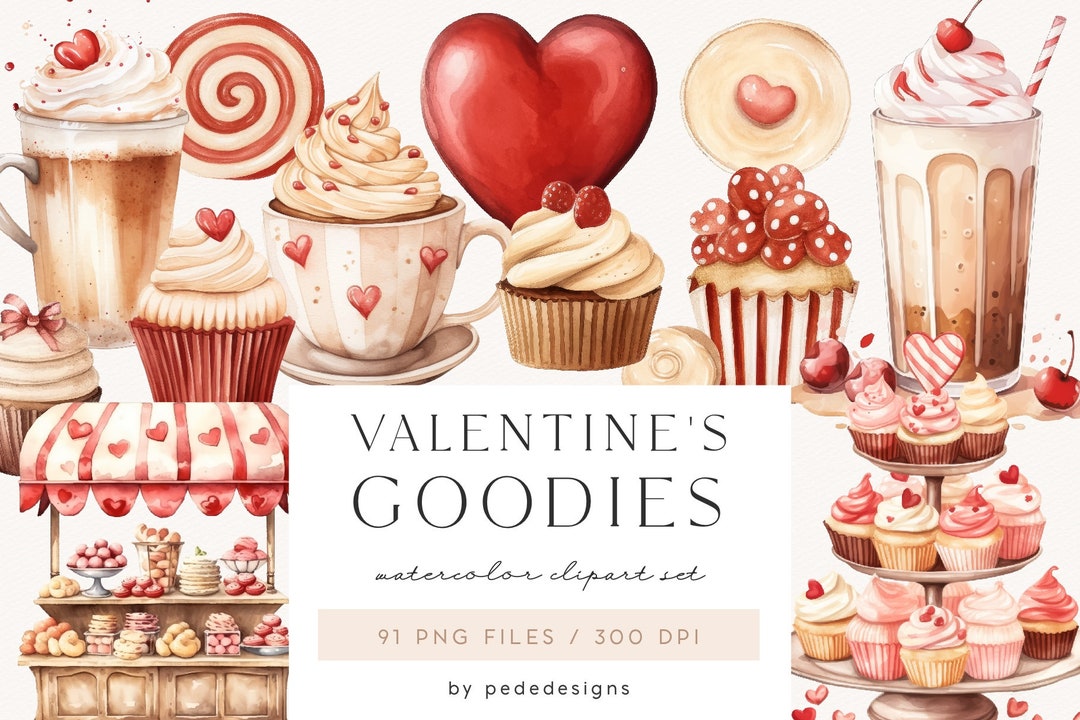 Watercolor Valentine's Day Goodies Clipart, Watercolor Romantic Clipart ...