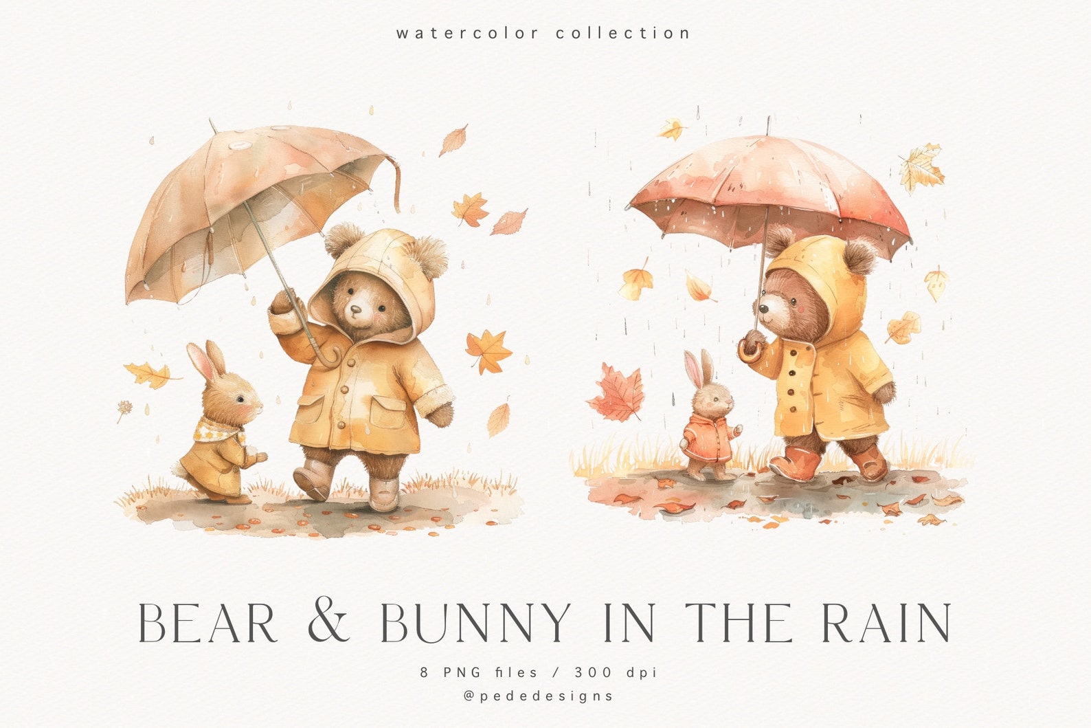 Bear & Bunny Watercolor Clipart Set: Rainy Day Nursery Art (digital ...