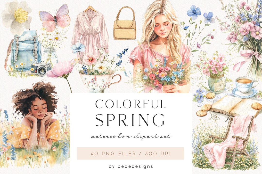 Colorful Spring Collection, Spring Time, Watercolor Girl Clipart ...