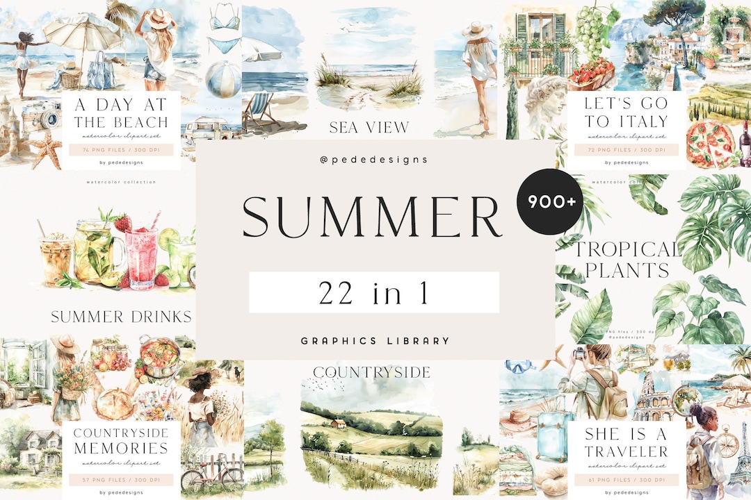 Summer Bundle, Clipart Library, Watercolor Illustrations Set, Seasonal ...