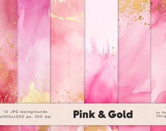 Pink & Gold Backgrounds, Watercolor Hand Painted Texture, Feminine ...